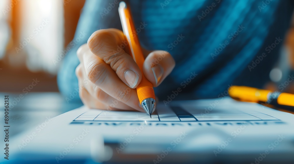 Professional using digital checklist, sleek office setting, vibrant ...