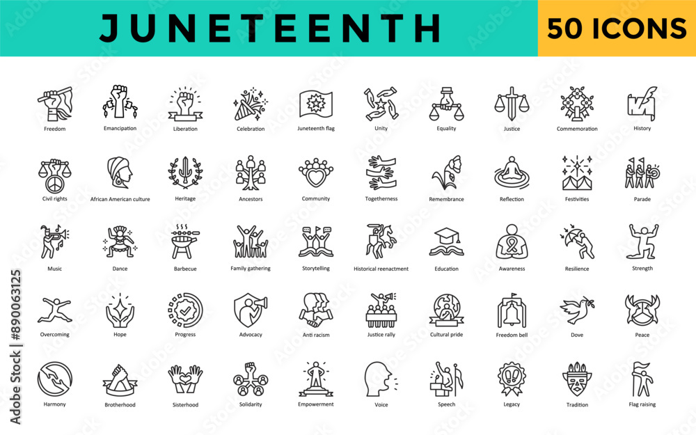 Juneteenth icon set with freedom, emancipation, liberation, celebration ...
