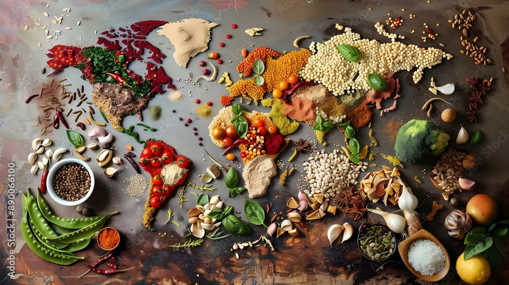 Global cuisine diversity map made of food ingredients Stock Photo ...