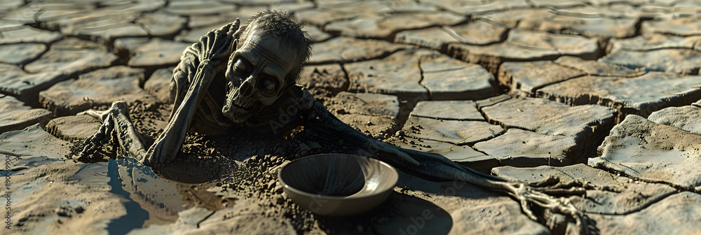 Emaciated Figure in Barren Landscape Illustrates the Stark Reality of ...