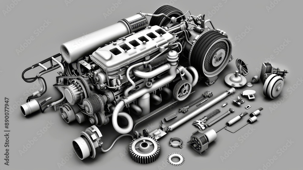 3D car engine vector drawing for technical purposes. Isolated car parts ...