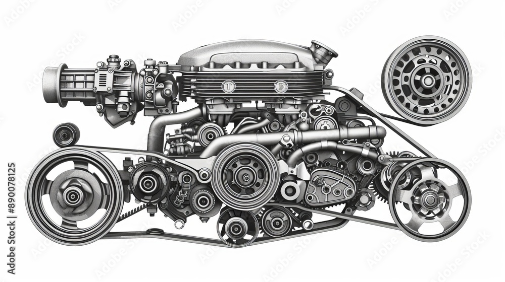 3D car engine vector drawing for technical purposes. Isolated car parts ...