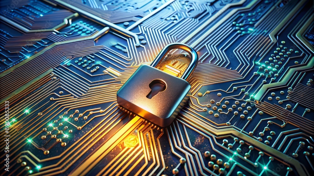 Padlock symbolically secured on a intricate circuit board matrix ...
