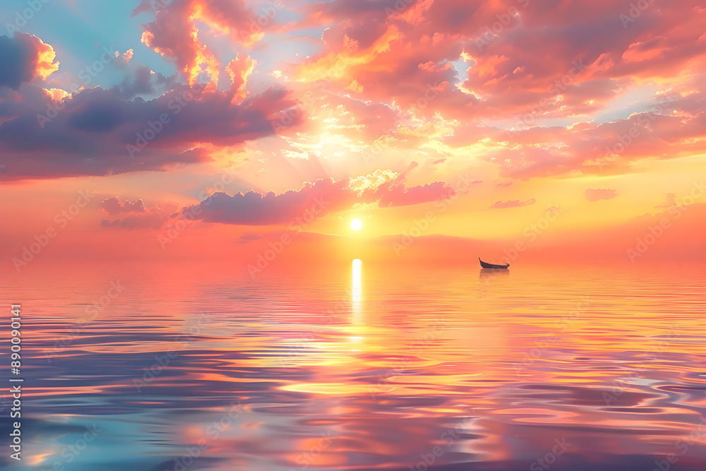 Dawn of Hope: Sunrise over a Tranquil Ocean with a Lone Boat Symbolizing New Beginnings Stock ...