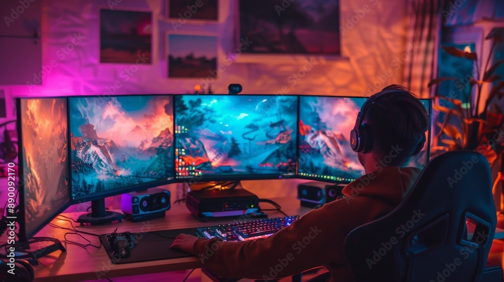 A passionate gamer sets up a high-end PC with vibrant monitors for ...