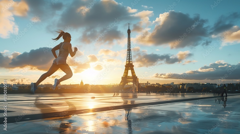 Female athlete running in Paris, Eiffel tower, women sports in France ...
