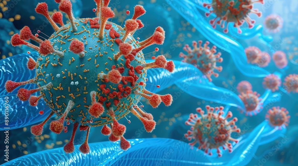 HIV virus particle, intricately rendered in 3D with a focus on its ...