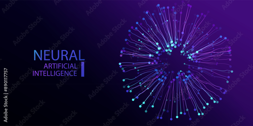 Technology ai particles banner. Atom big data neural round background ...