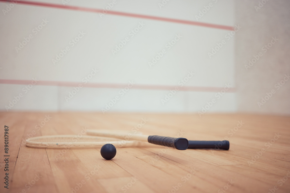 Court, floor and racket with ball for squash, competition and match for ...