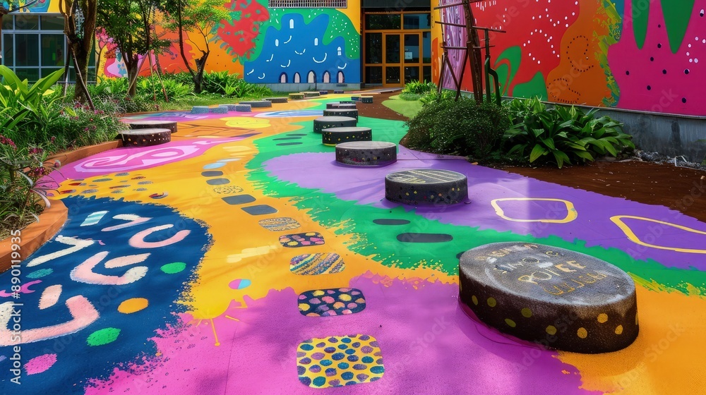 schoolyard with a sensory path painted with vibrant colors and patterns ...