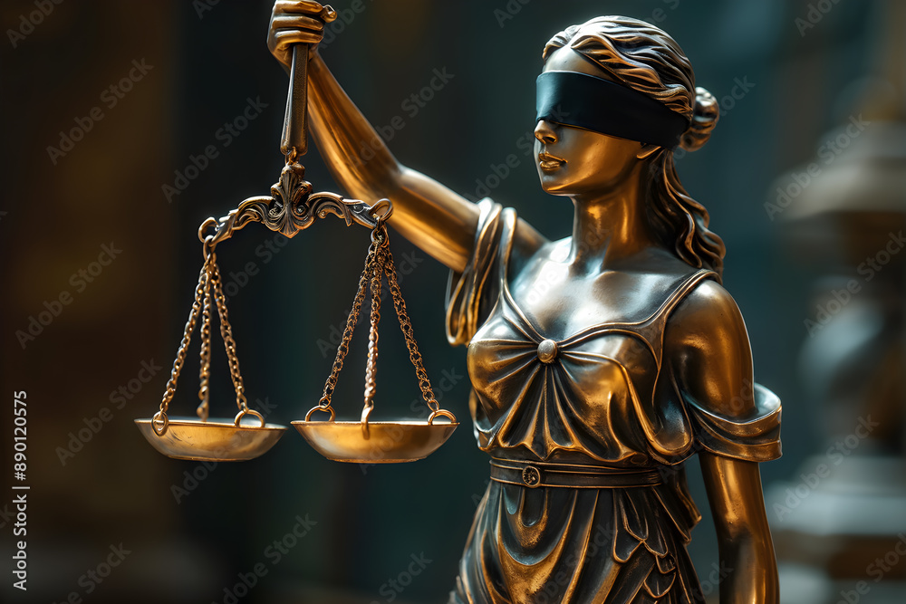 Bronze statue of blindfolded Lady Justice holding balanced scales, symbolizing fair judgment and ...