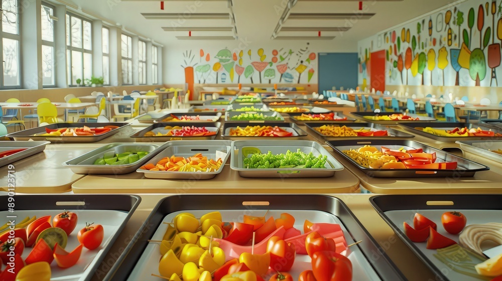 school cafeteria setting with trays of colorful food arranged on tables ...