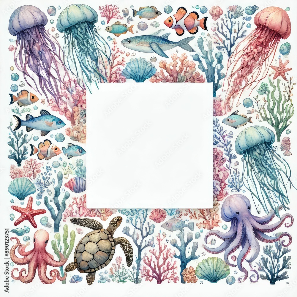 ภาพประกอบสต็อก under the sea animal frame or border, watercolor ...
