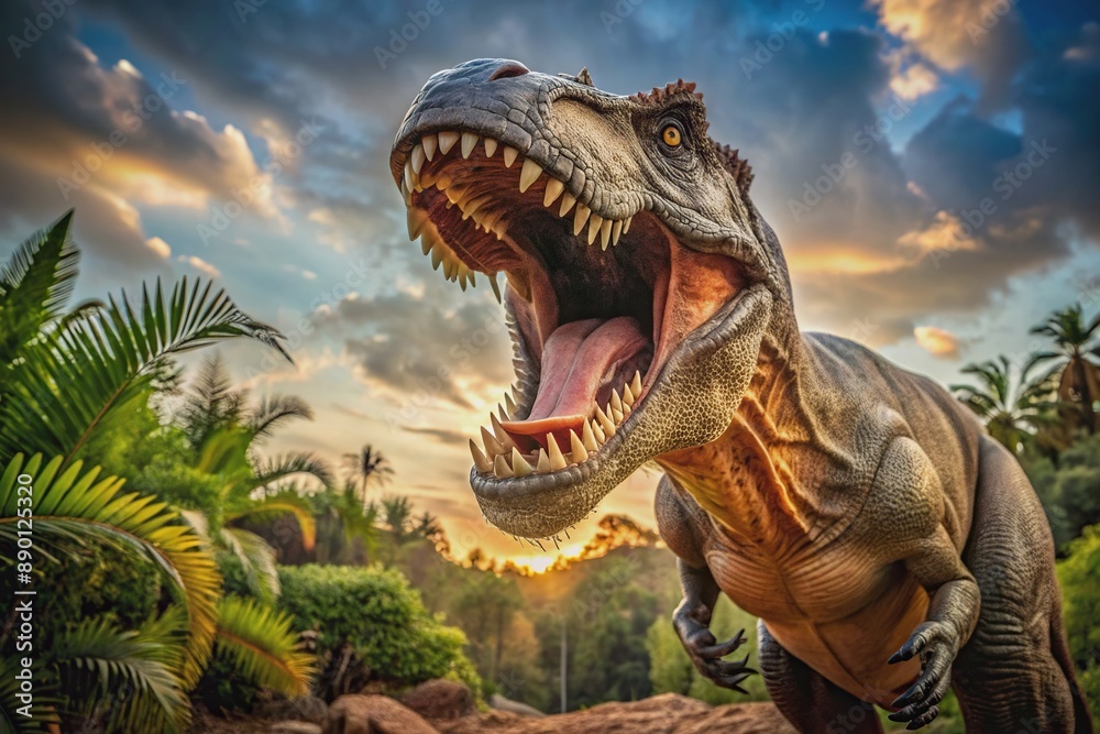 ภาพประกอบสต็อก Ferocious tyrannosaurus rex dinosaur roaring loudly in ...