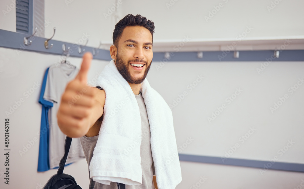 Sports, locker room and portrait of man with thumbs up for agreement ...