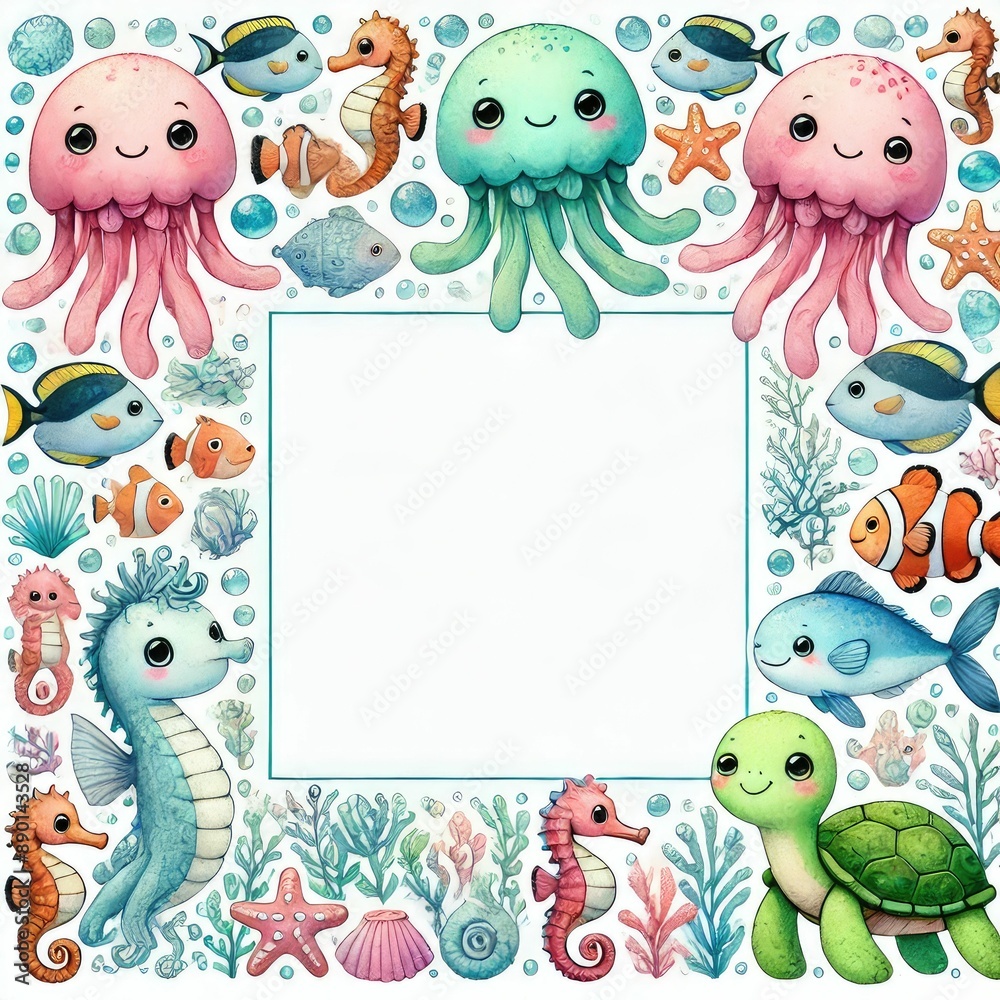 cute under the sea animal frame or border, watercolor illustration ...