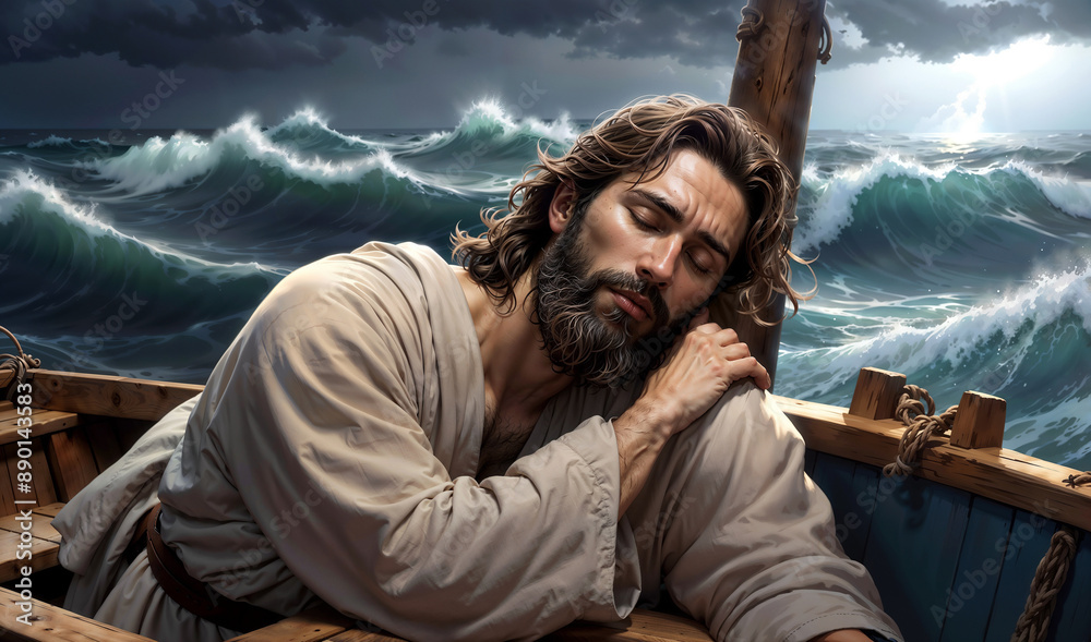 3D art illustration of Jesus sleeping in a boat during a storm. Biblical scene concept. Stock ...
