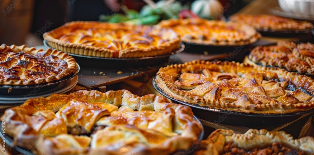A table brimming with an array of pies, all meticulously prepared and ...