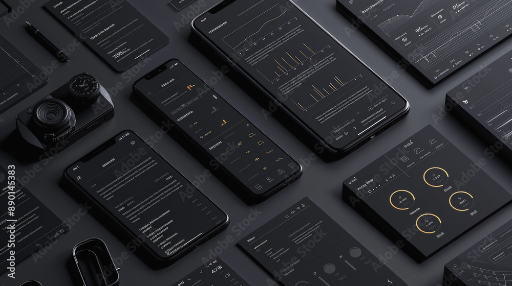 Various devices displaying sleek, dark-themed user interfaces with ...