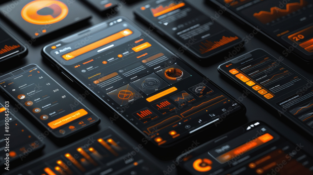 A dark-themed smartphone interface displaying various analytics, charts, and data visualizations ...