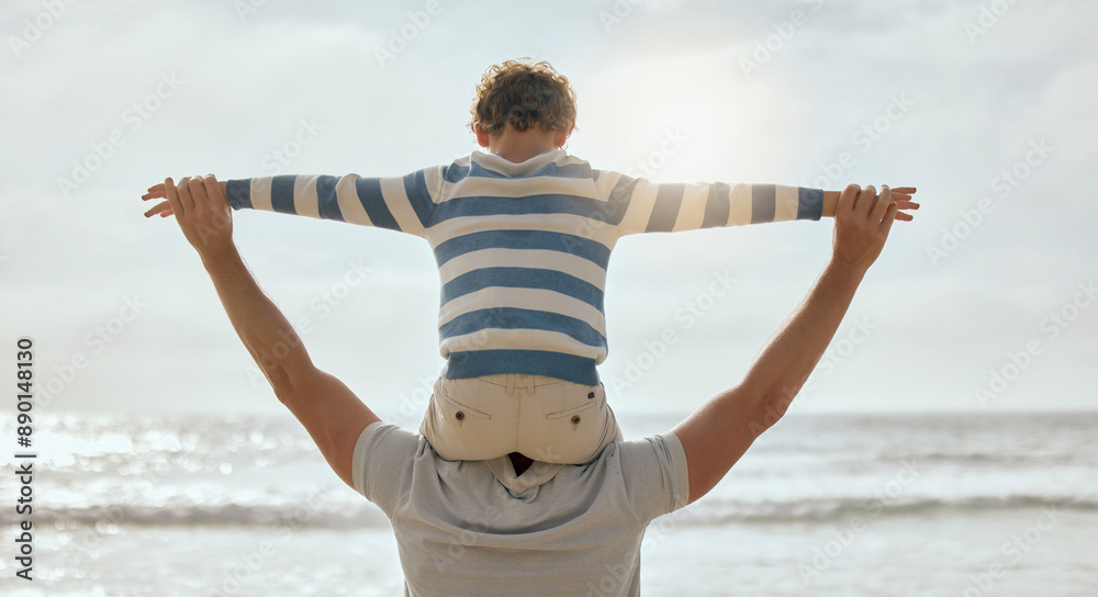 Father, child and shoulders with back at beach for airplane, connection ...