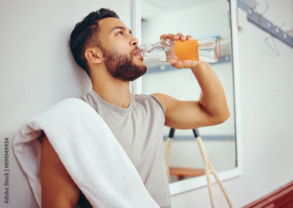 Man, relax and drinking with bottle water for hydration, natural ...