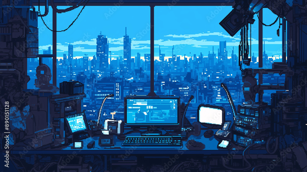 pixel art background, in front there is an old and dirty retro computer ...
