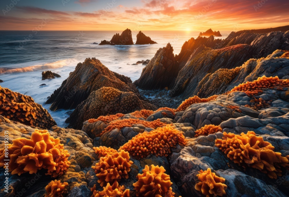 rocky outcrops covered clinging barnacles, ocean, marine, crustacean ...