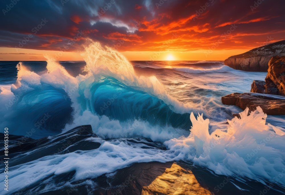 powerful waves crashing dramatically into coastal caves, water, motion ...