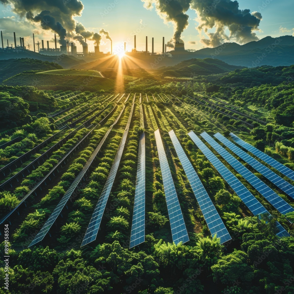 Aerial view of solar panels in a lush green environment with pollution ...
