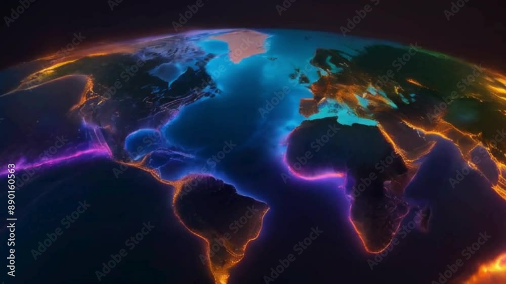 Earth video, minimalist design, neon digital data, natural disasters ...