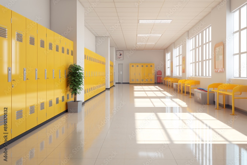 The image showcases a well-lit school corridor with rows of vibrant ...