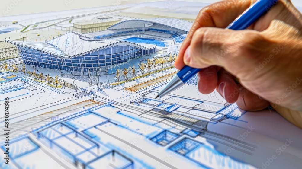 Depict an architect sketching the plans for a state-of-the-art sports ...