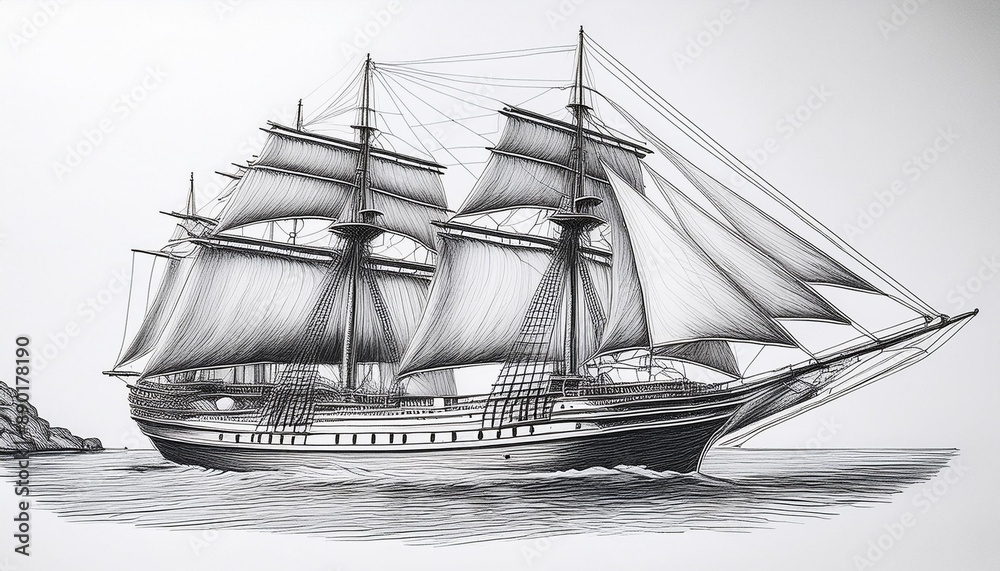 Detailed sketch of a classic sailing ship in pencil. Stock Photo ...