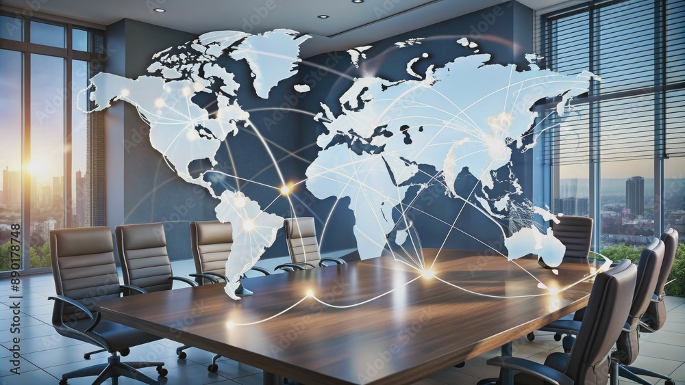 Global business operations visualized on a world map spread across a ...