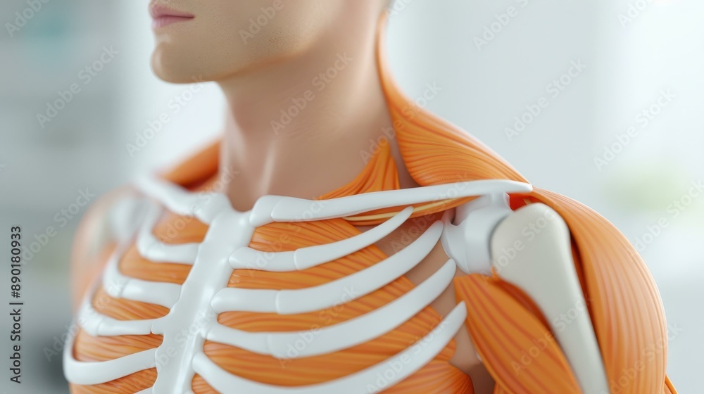 Detailed 3D rendering of human chest and arm anatomy with copy space ...