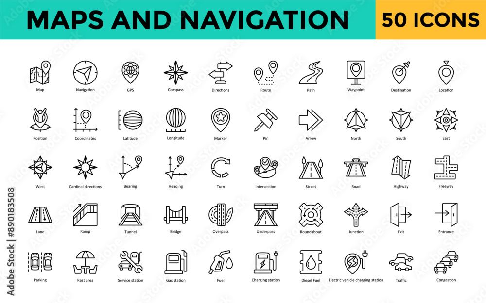 Maps and Navigation icon set with map, navigation, gps, compass ...