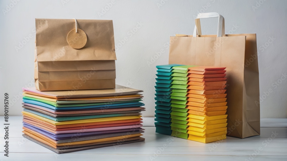 Colorful sticker sheets and logo-printed paper bags arranged ...