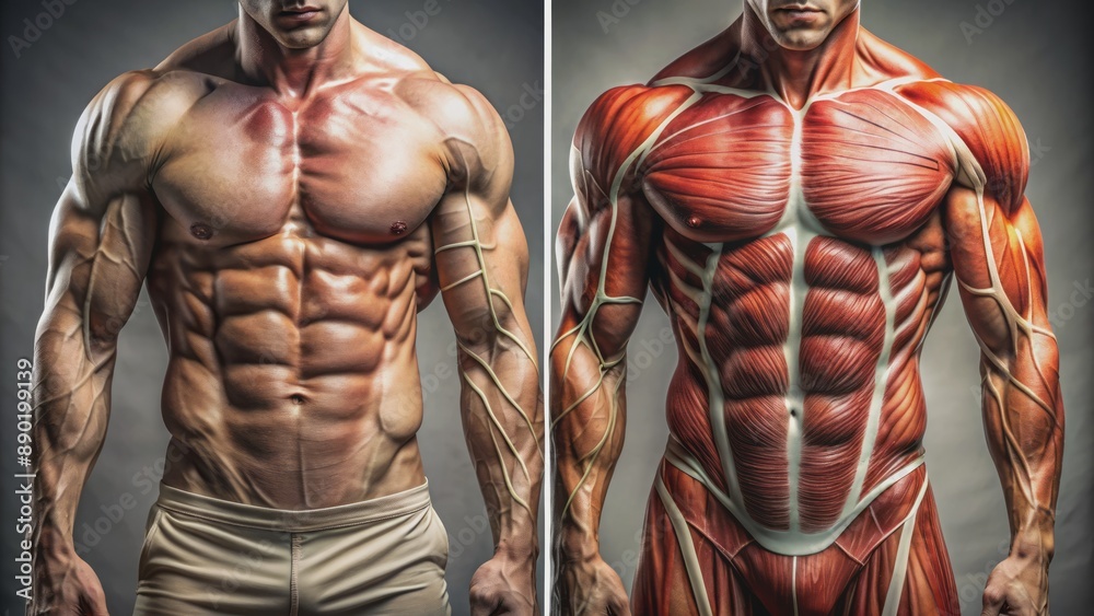 Transformative split-screen illustration of muscular anatomy ...