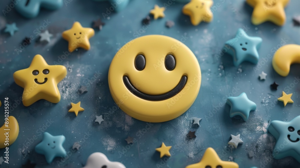 Smiley face surrounded by positive symbols, thumbs-up gestures, stars ...