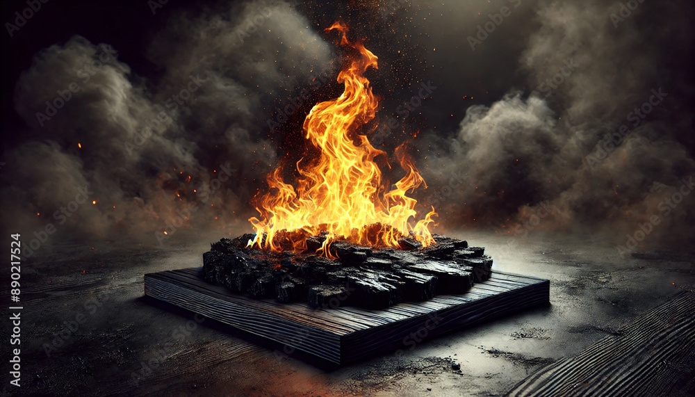 wooden table with Fire burning at the edge of the table, fire particles ...