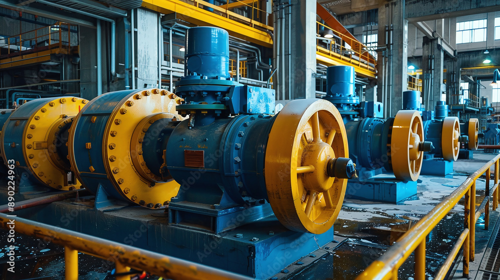 blue and yellow water pump in a factory, power plant interior with huge ...