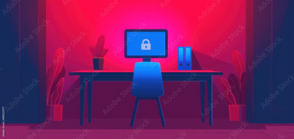Modern office desk with computer screen showing a lock icon ...