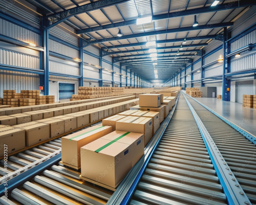 Industrial warehouse interior with moving conveyor belt transporting ...
