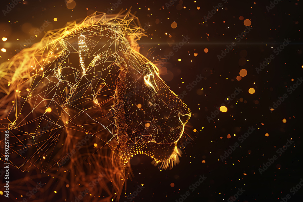 Digital wireframe polygon illustration of the Leo zodiac sign ...