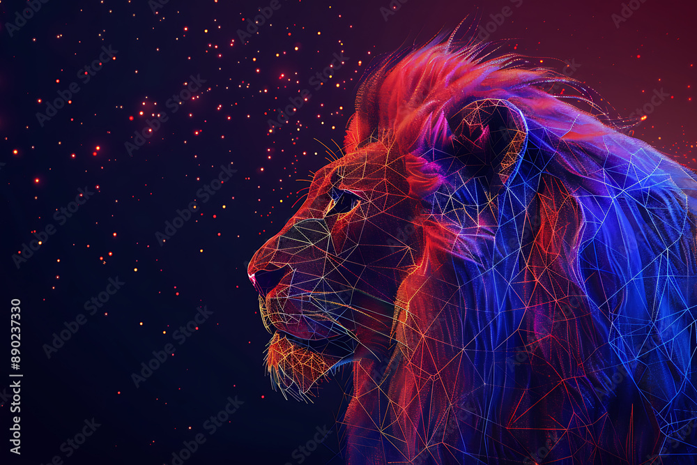 Digital wireframe polygon illustration of the Leo zodiac sign ...