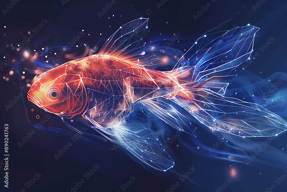 Digital wireframe polygon illustration of a fish, featuring geometric ...