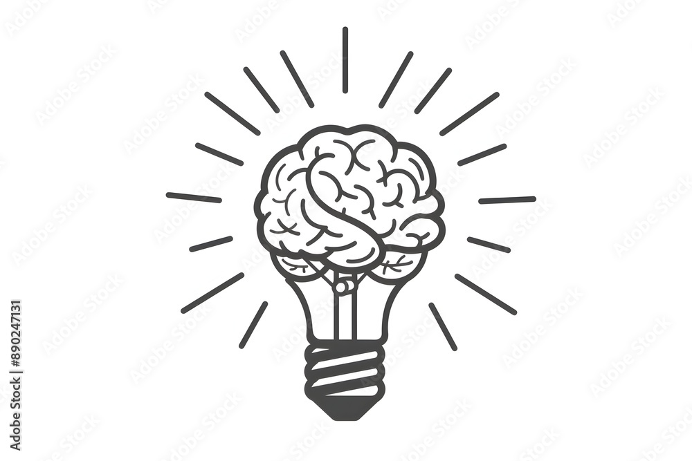 Black and white drawing of half brain inside light bulb on solid ...