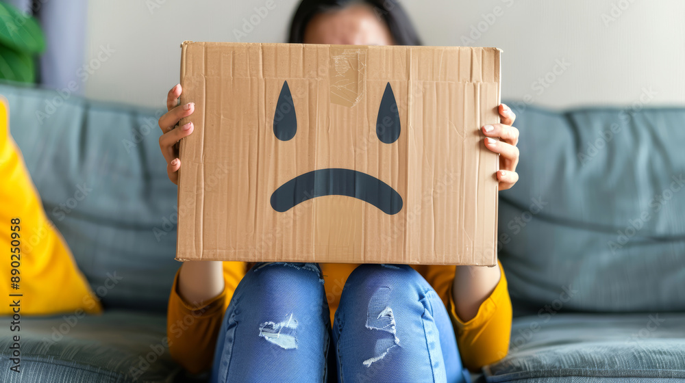 A young woman sits on a couch, holding a cardboard emoji with a sad ...
