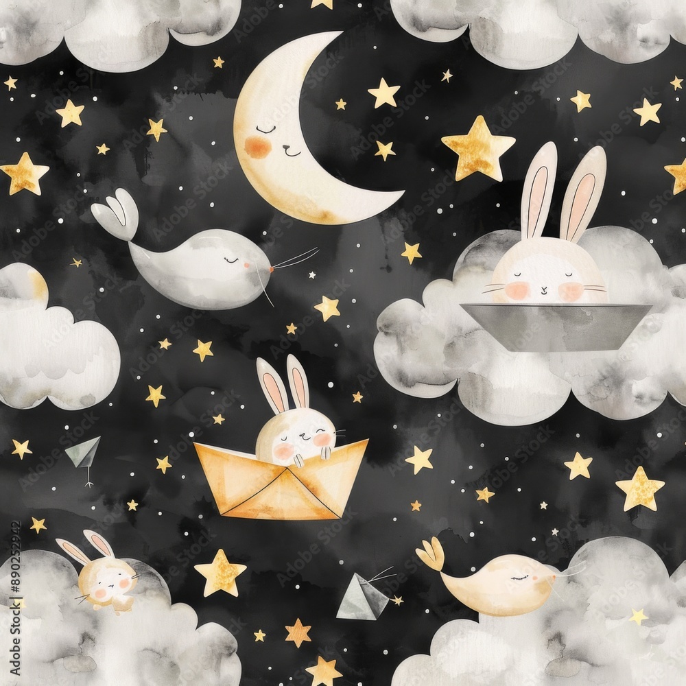 Cute Watercolor Night Sky With Rabbits, Stars, and Clouds Stock ...